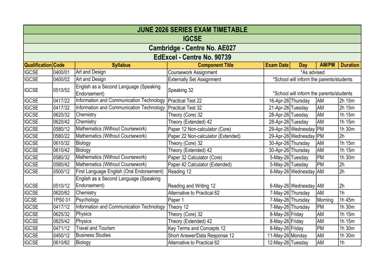 June 2026 IGCSE & GCSE Exam Timetable