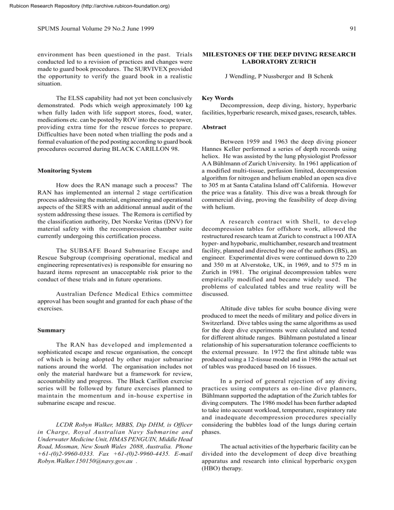 Deep Diving Research Zurich History