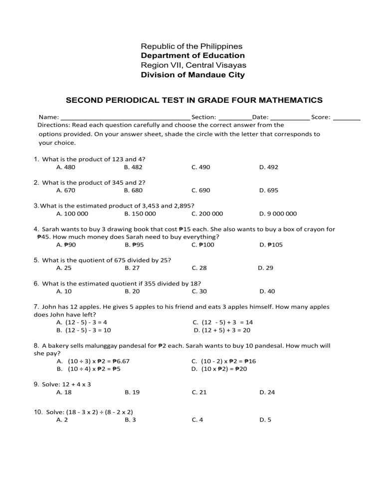 Grade 4 Math Periodical Test