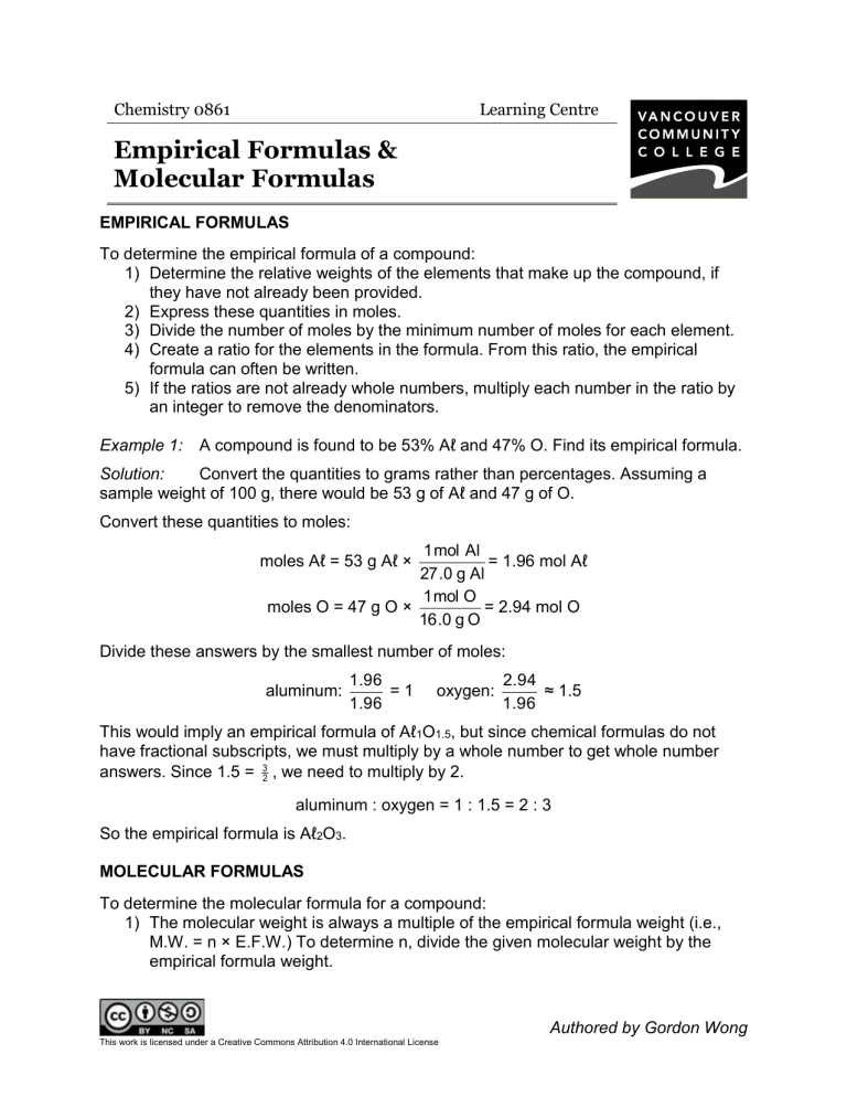 Empirical & Molecular Formulas Worksheet