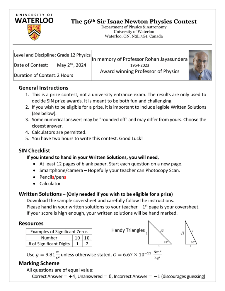 SIN Physics Contest 2024 - University of Waterloo