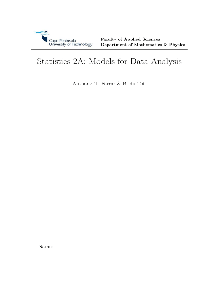 Statistics 2A: Models for Data Analysis