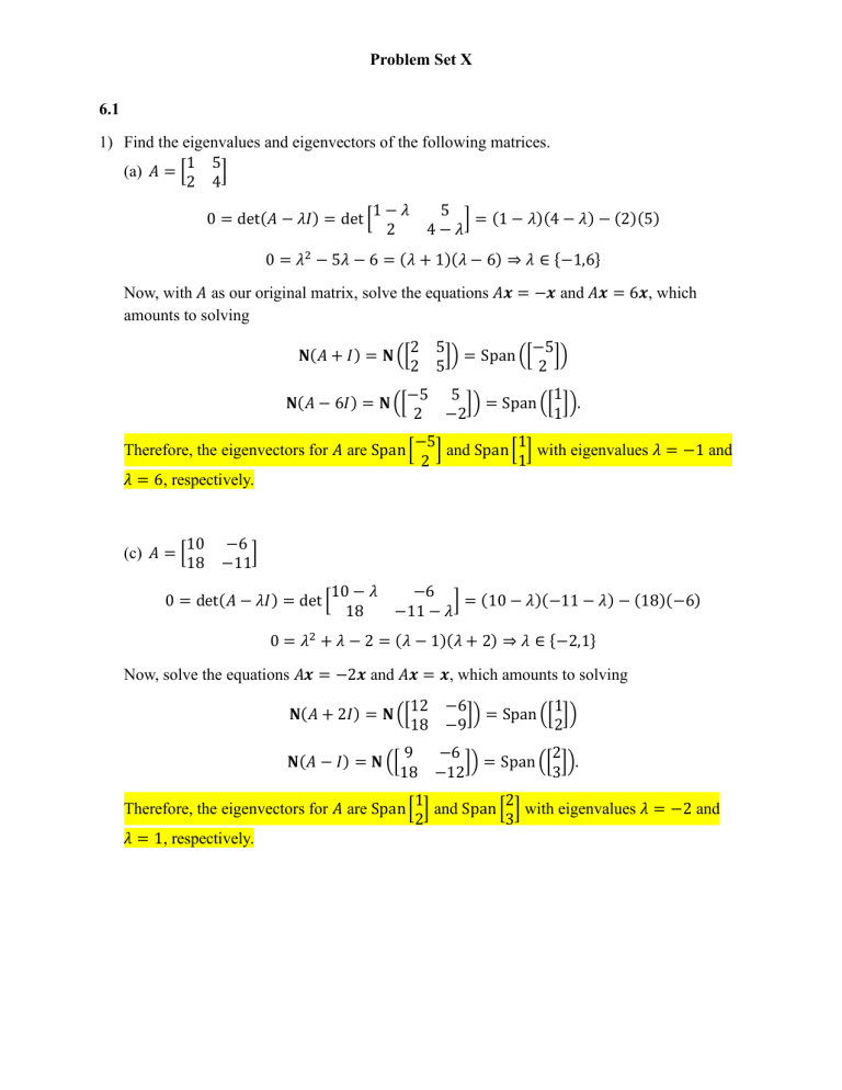Linear Algebra Problem Set: Eigenvalues