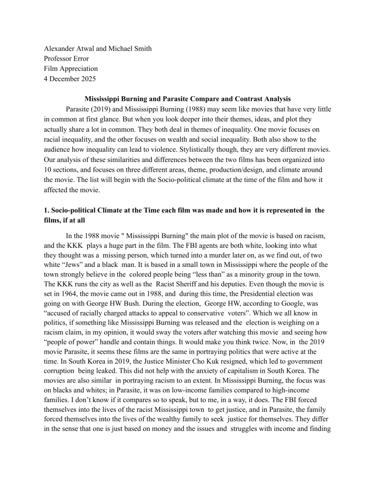 Parasite vs Mississippi Burning Analysis