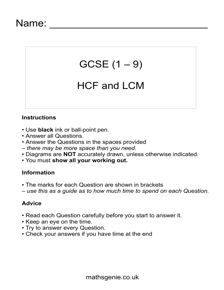 GCSE Maths Worksheet: HCF and LCM