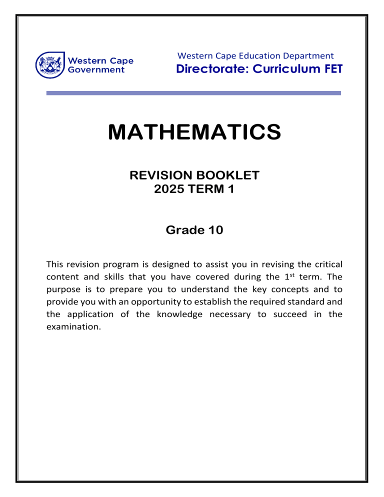 Grade 10 Mathematics Revision Booklet 2025 Term 1