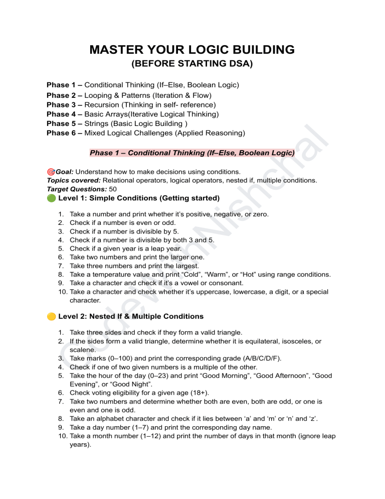 Logic Building Practice Sheet | Conditional Thinking & Loops
