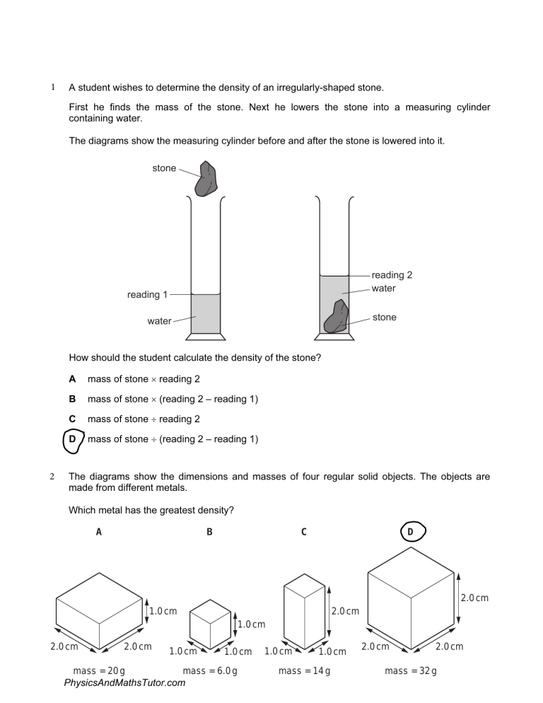 Density Physics Worksheet PDF