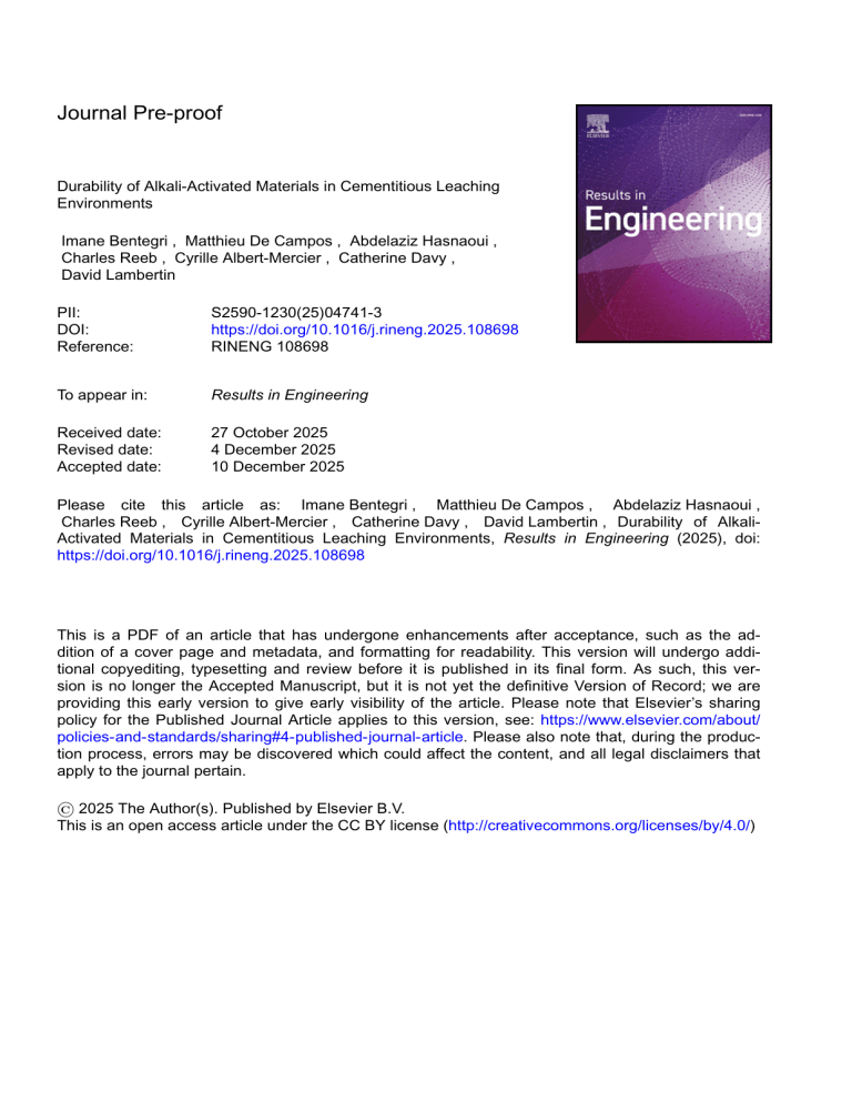 Durability of Alkali-Activated Materials Study