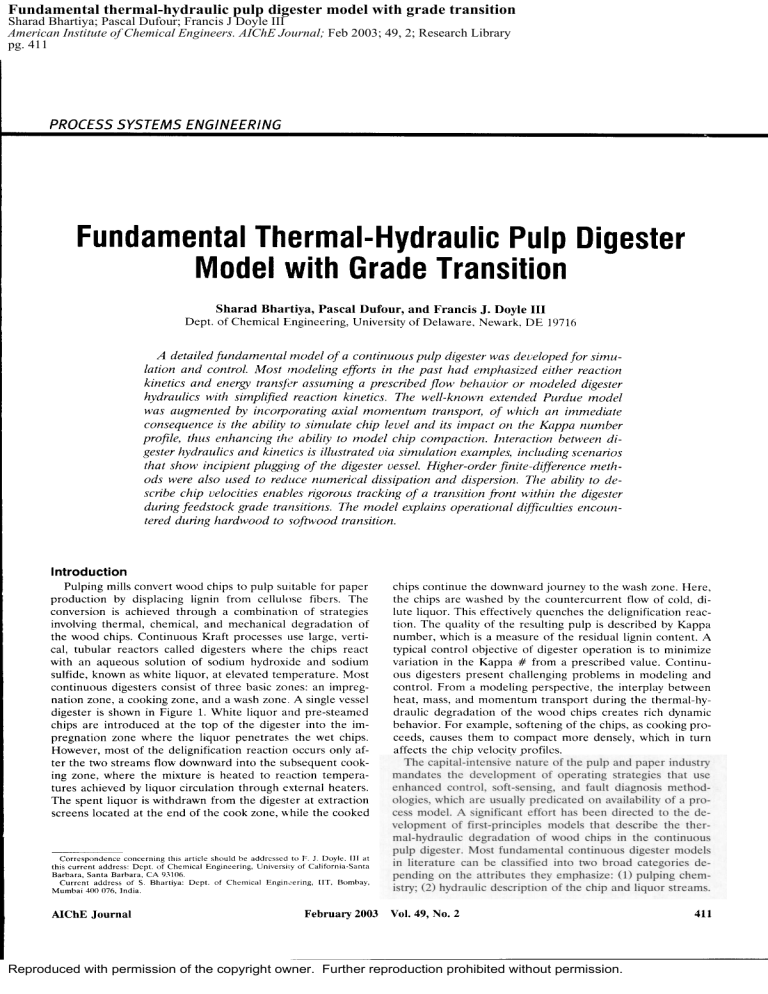 Thermal-Hydraulic Pulp Digester Model with Grade Transition