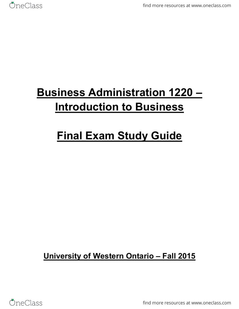 Business 1220 Final Exam Study Guide