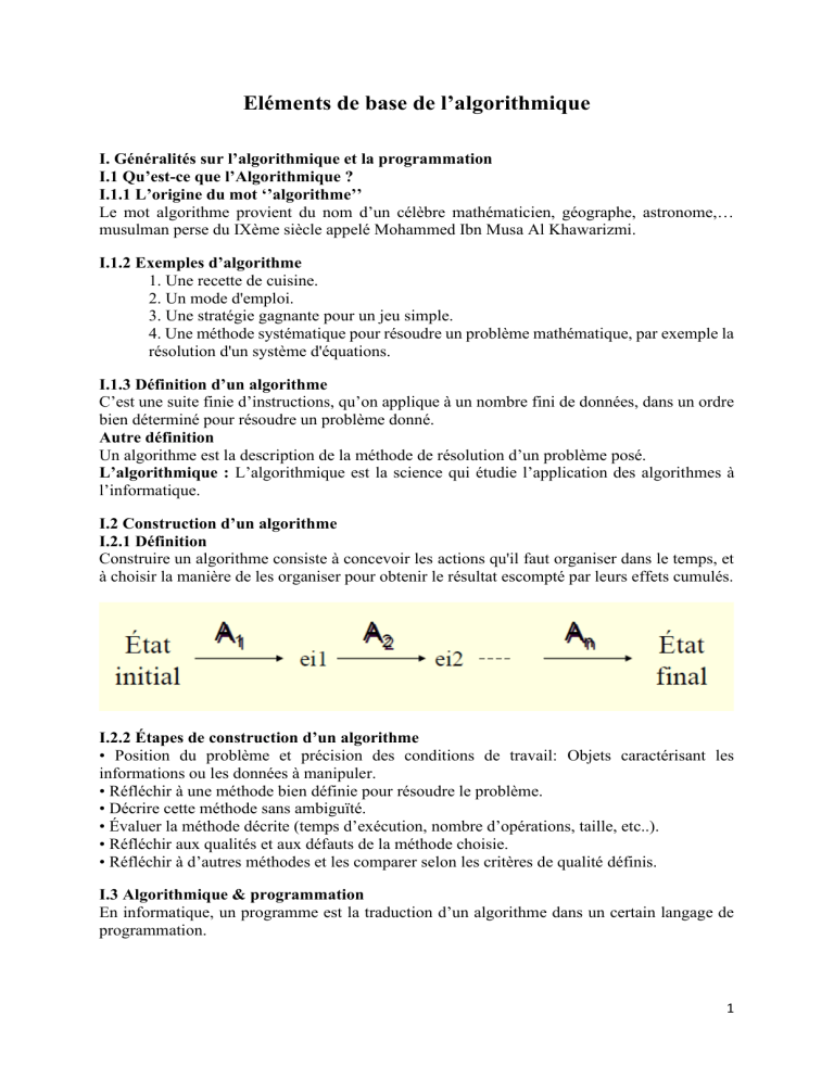 Introduction à l'algorithmique et programmation