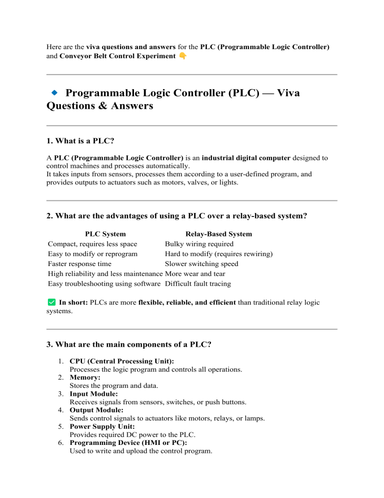 PLC & Viva Questions Guide for Engineers