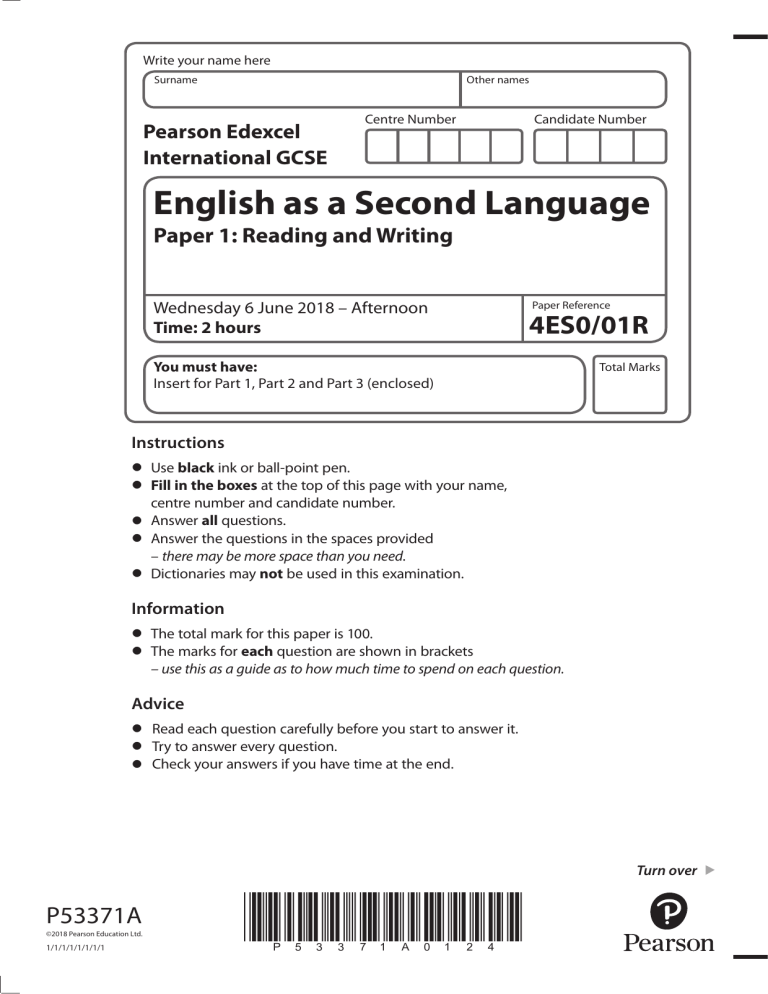 Pearson Edexcel IGCSE ESL Paper 1 2018