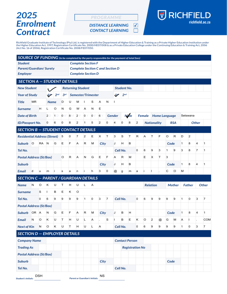 Richfield 2025 Enrolment Contract