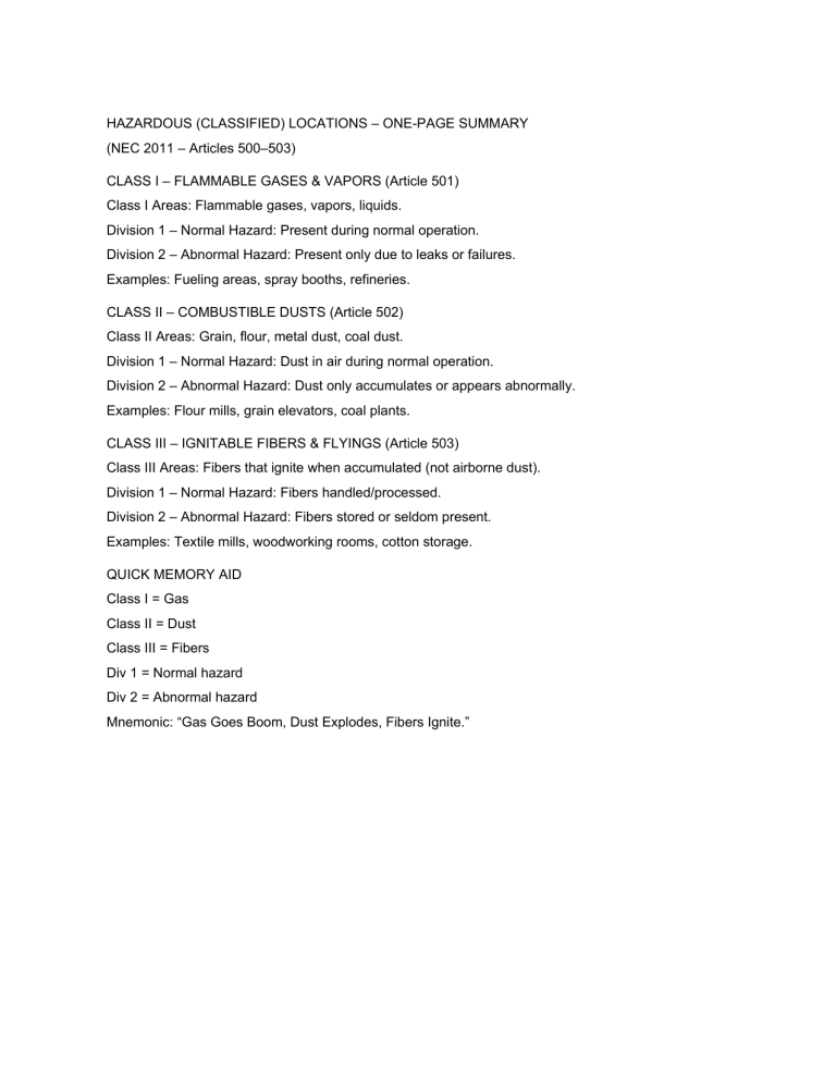 NEC Hazardous Locations Summary Class I II III