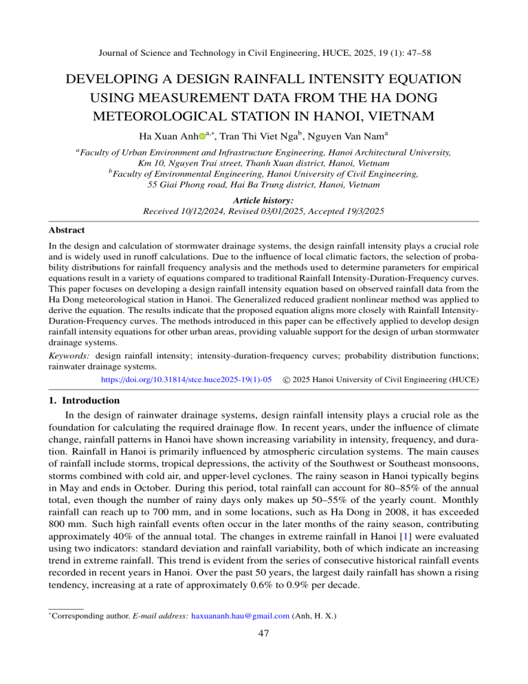 Design Rainfall Intensity Equation for Hanoi