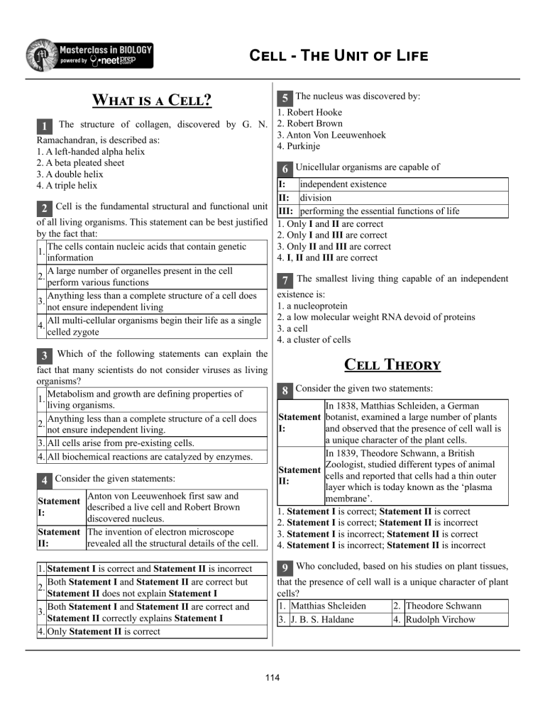 Cell Biology Worksheet: Unit of Life Quiz