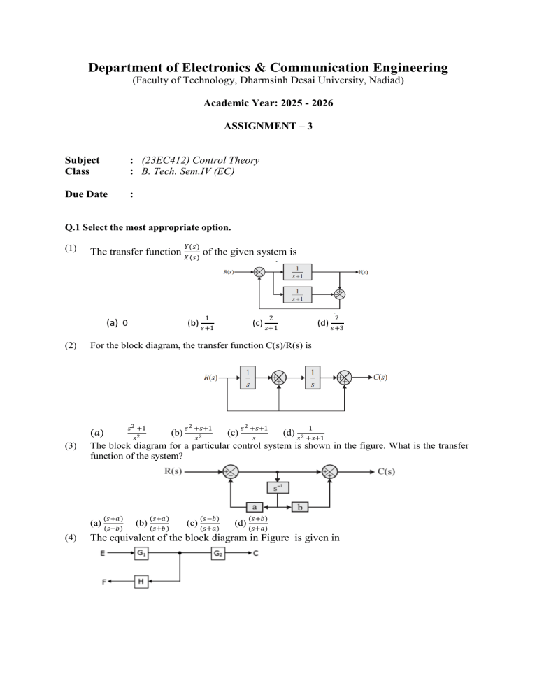 Control Theory Assignment on Block Diagrams