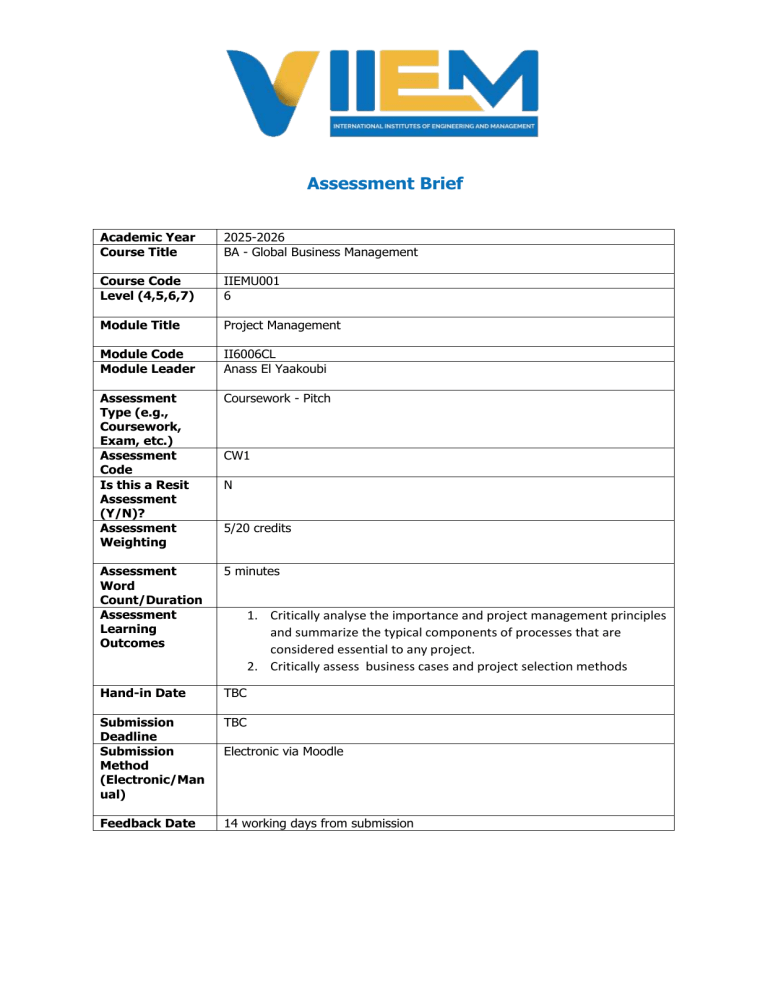 Project Management Assessment Brief - BA Global Business Management