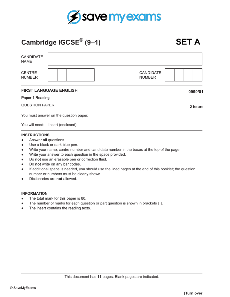 Cambridge IGCSE English Language Exam Paper 1
