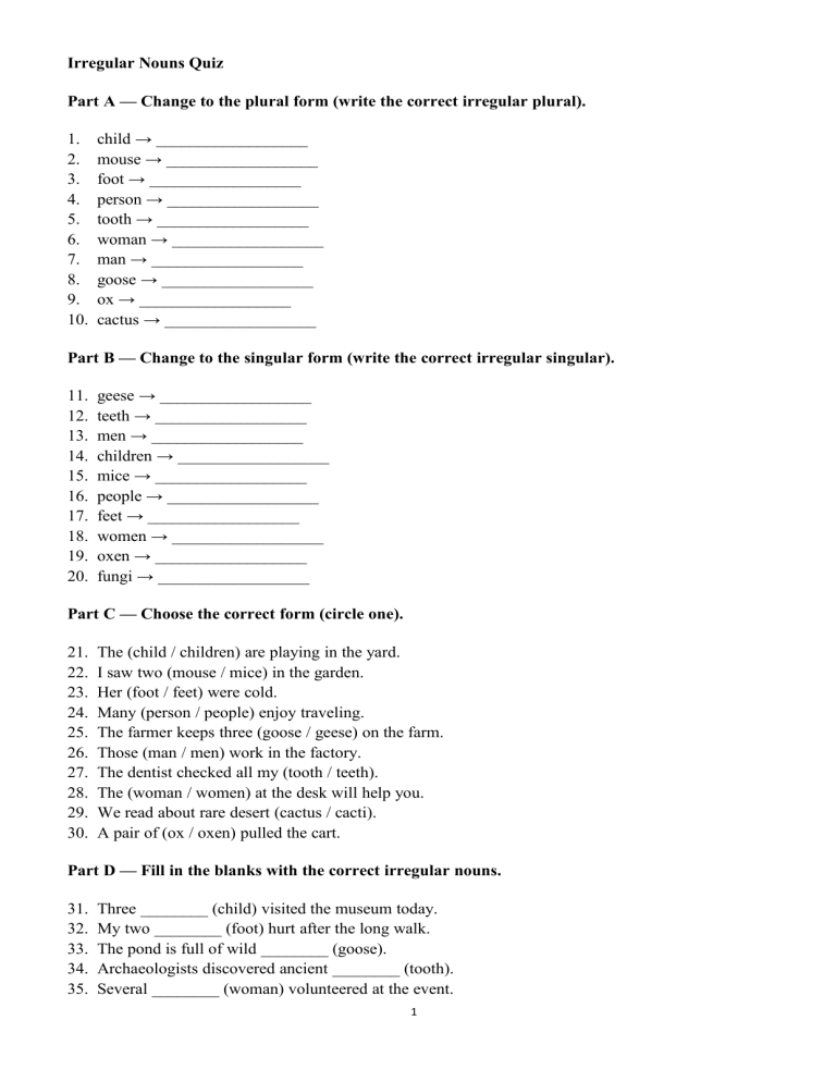 Irregular Nouns Quiz & Test