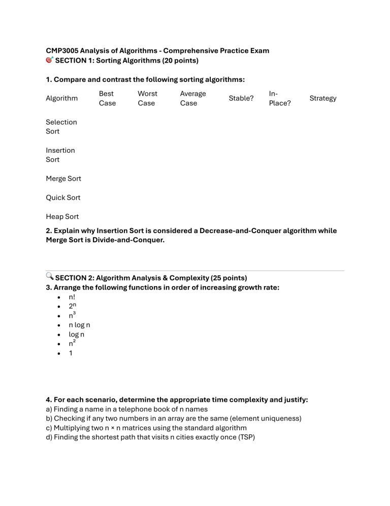 CMP3005 Algorithms Practice Exam