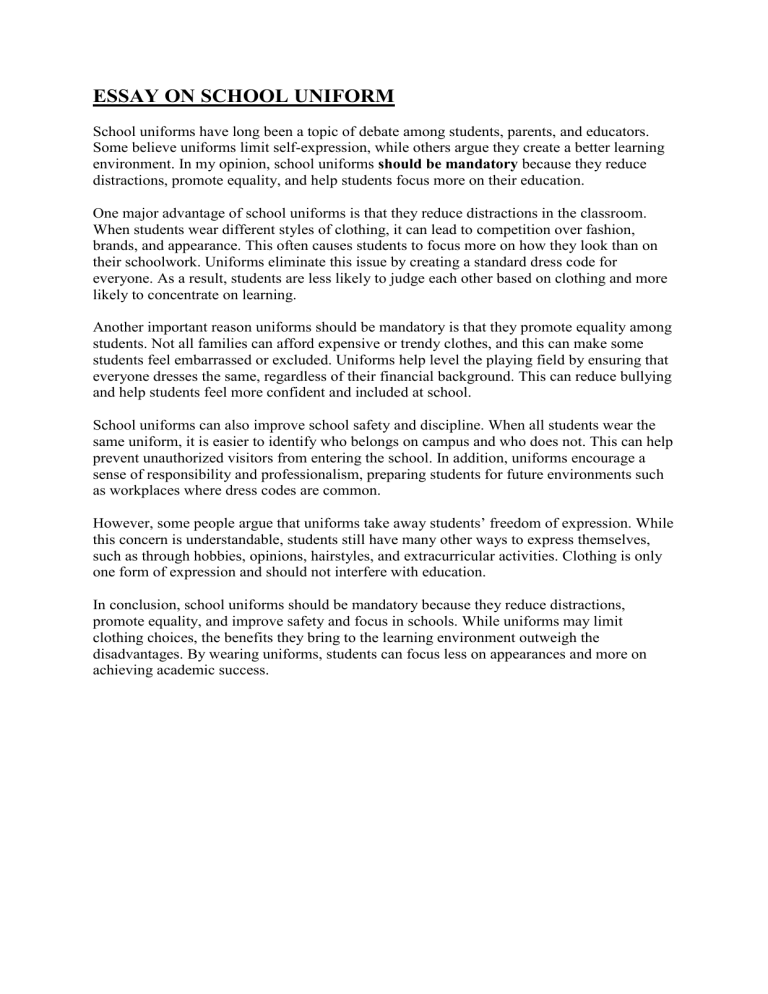 Essay on School Uniforms Benefits