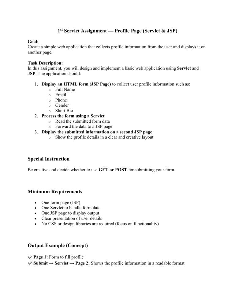 Servlet JSP Profile Page Assignment