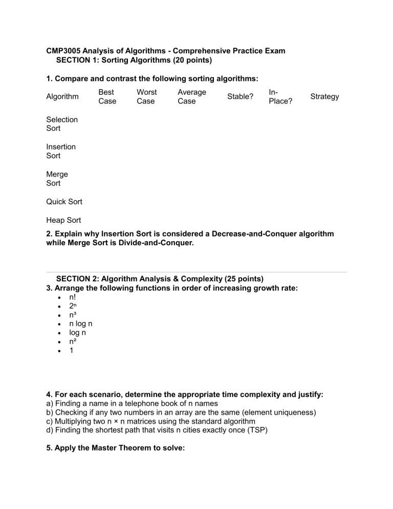Algorithms Practice Exam CMP3005