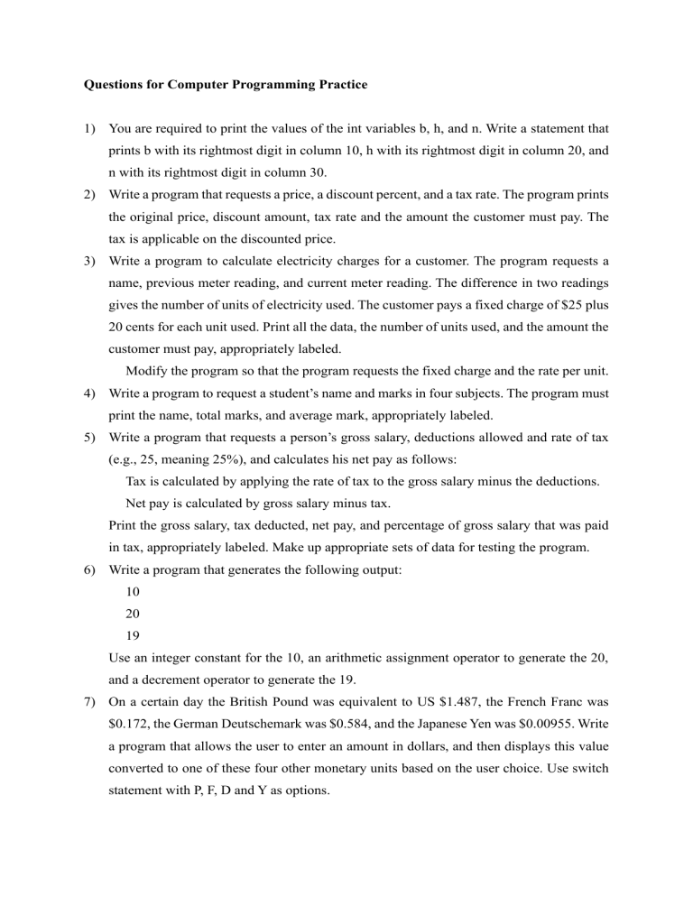 Computer Programming Practice Questions