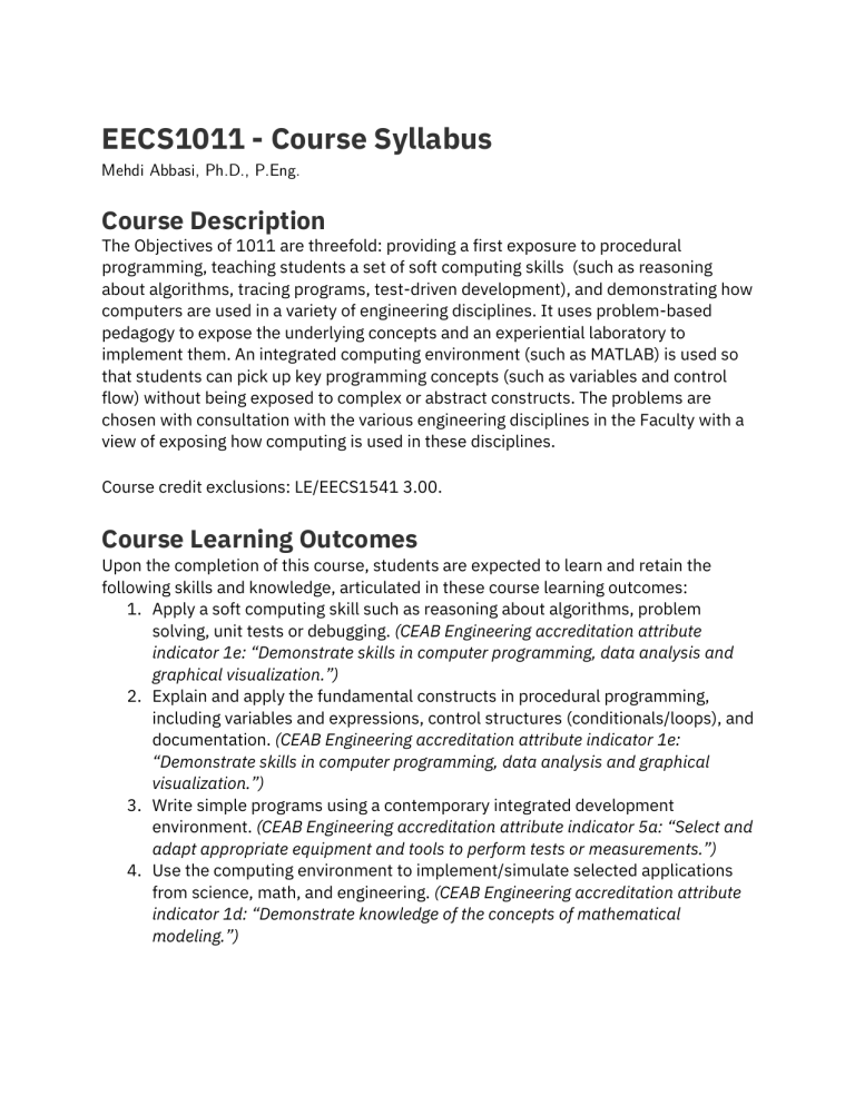 EECS1011: YorkU Intro to Computer Engineering Syllabus