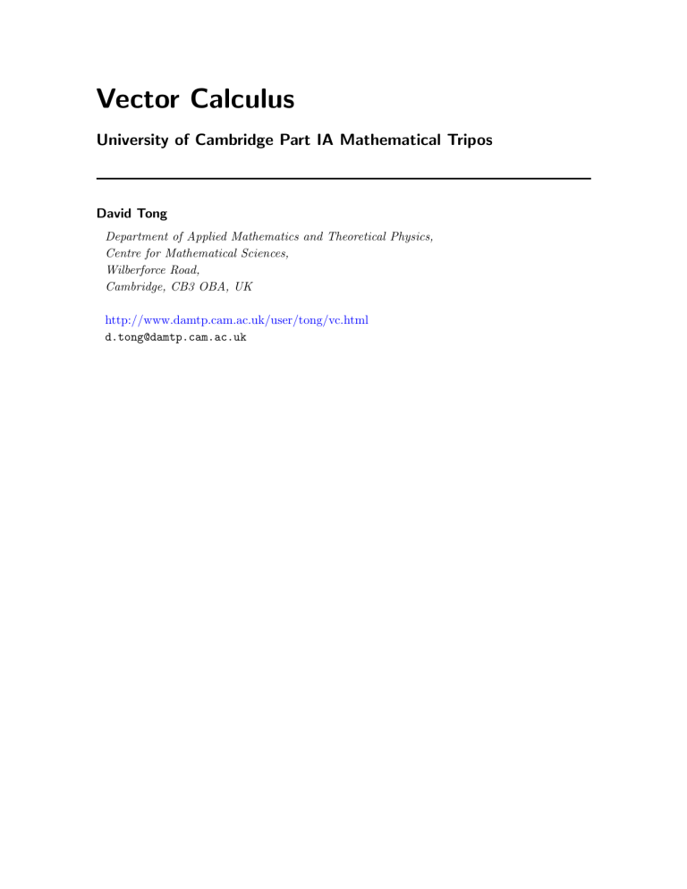 Vector Calculus Lecture Notes | Cambridge