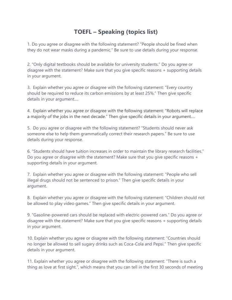 TOEFL Speaking Topics List