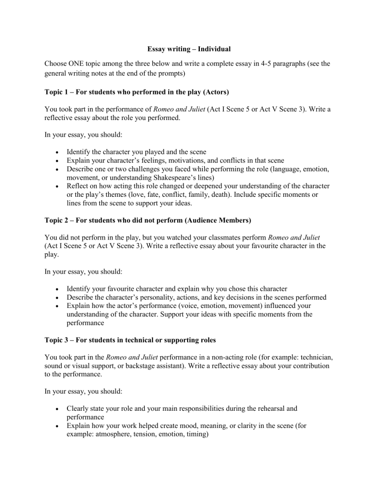 Romeo and Juliet Essay Assignment Prompt