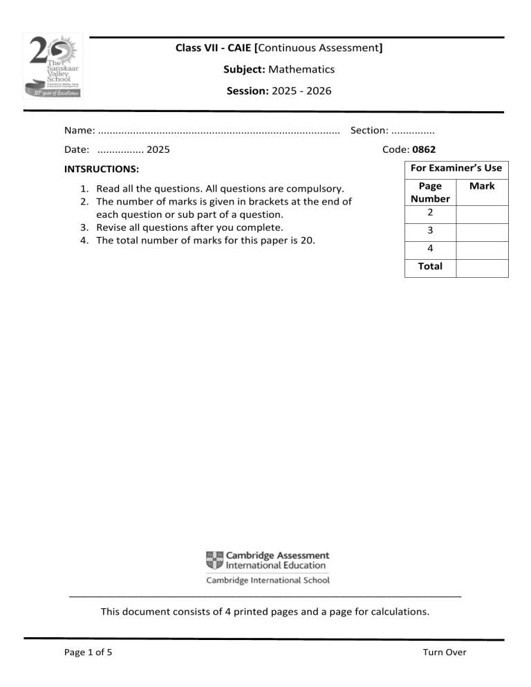 Class VII CAIE Maths Assessment 2025