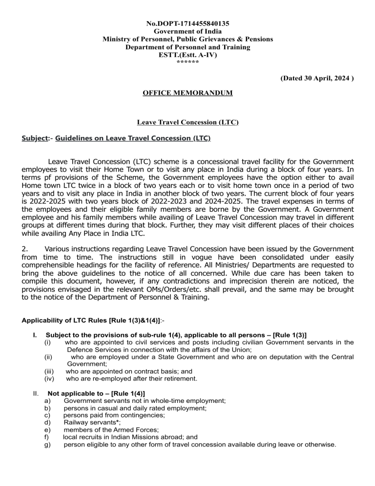 Leave Travel Concession (LTC) Guidelines India 2024