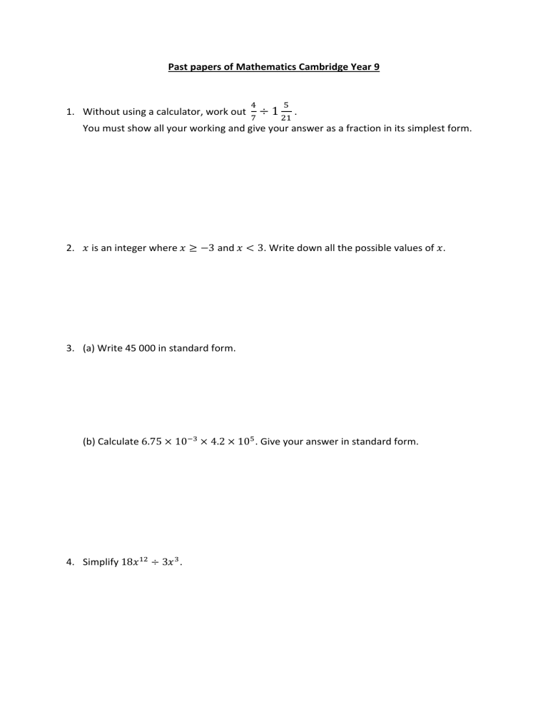 Cambridge Year 9 Maths Past Paper
