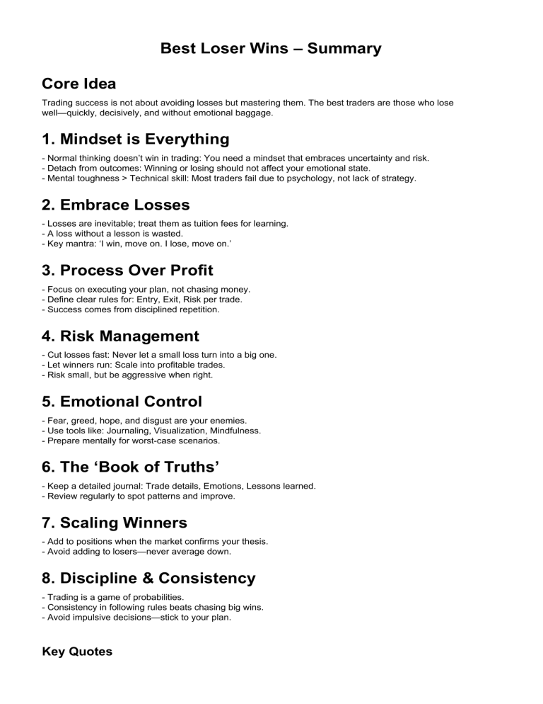 Best Loser Wins: Trading Psychology Summary