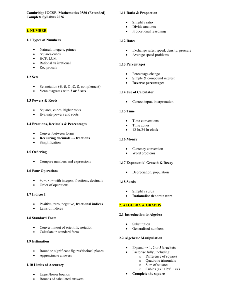 Cambridge IGCSE Maths 0580 Syllabus 2026