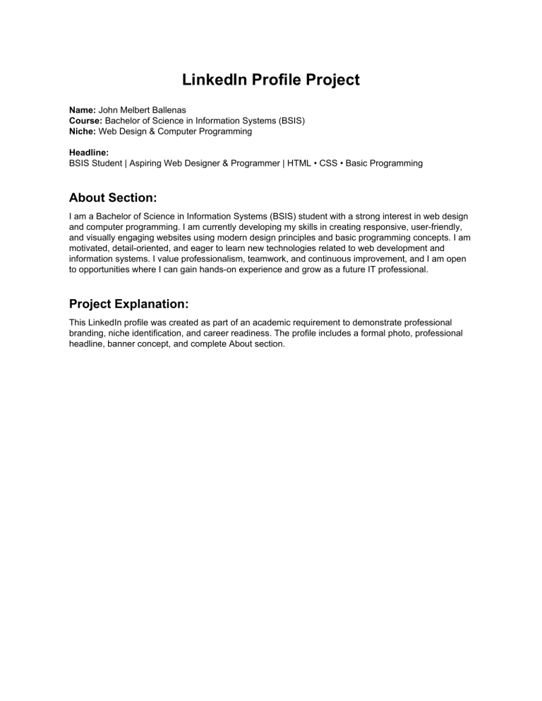 LinkedIn Profile Project for BSIS Student