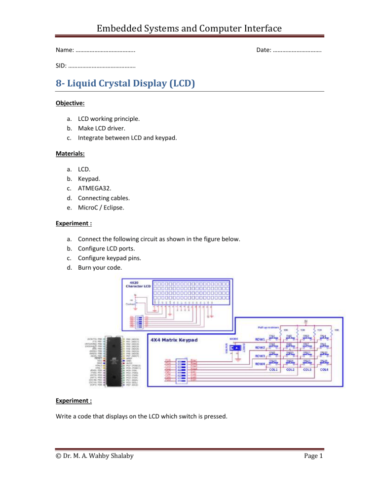 Embedded Systems Lab: LCD & Keypad Interfacing
