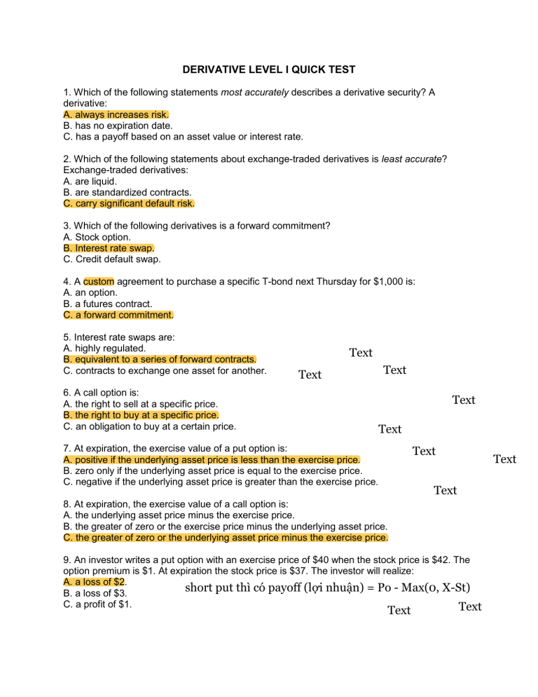 Derivatives Level I Practice Quiz