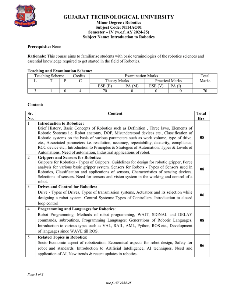 Introduction to Robotics Syllabus | GTU Minor Degree