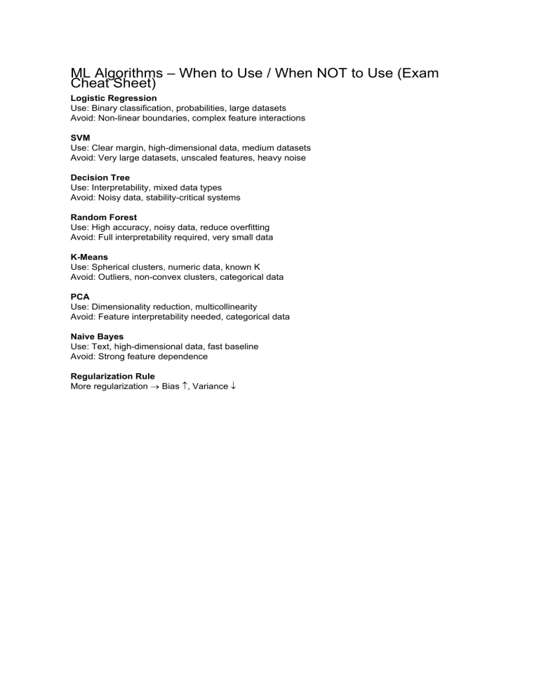 ML Algorithms Cheat Sheet: When to Use & Avoid