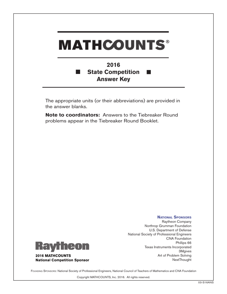 2016 MATHCOUNTS State Competition Answer Key