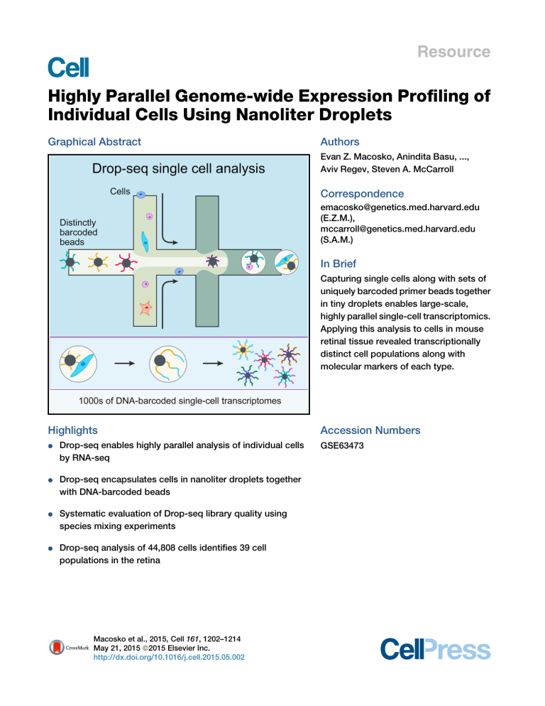 Drop-Seq: High-Throughput Single-Cell RNA Sequencing