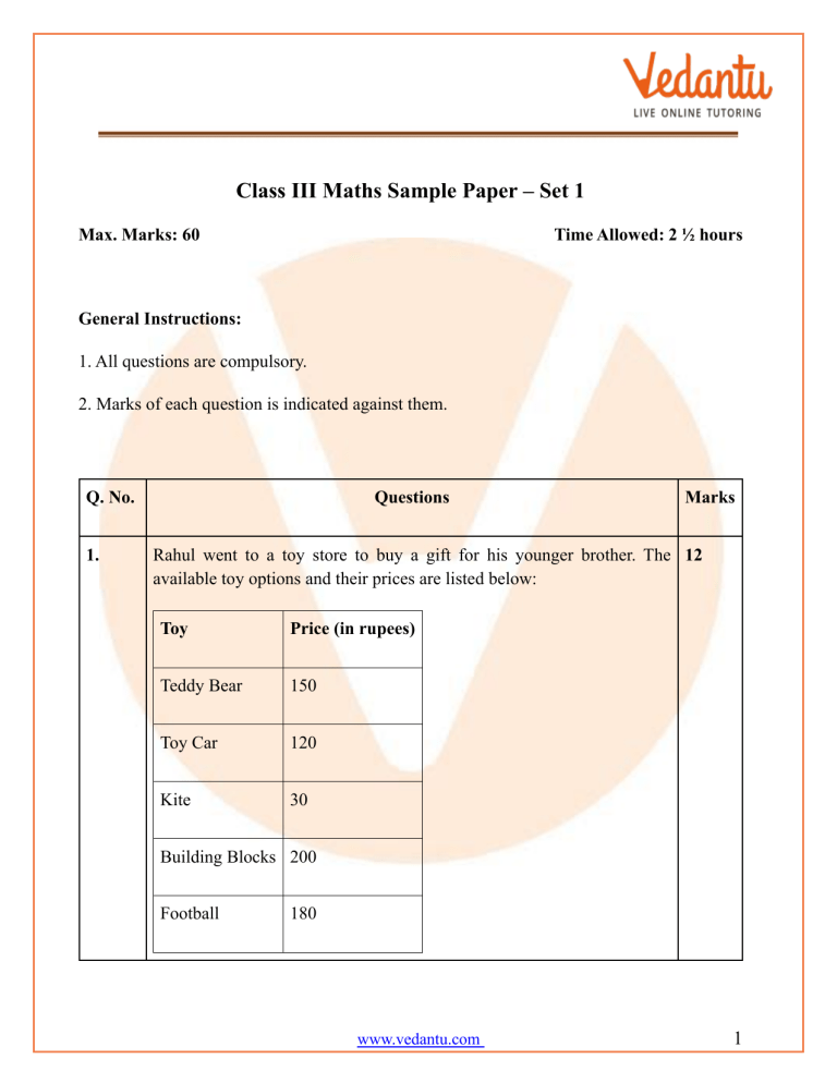 Class 3 Maths Sample Paper Set 1 PDF