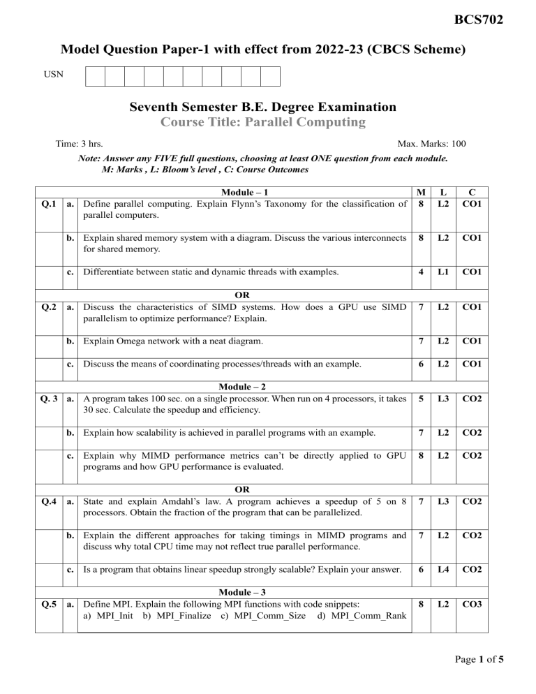 Parallel Computing Model Question Paper B.E