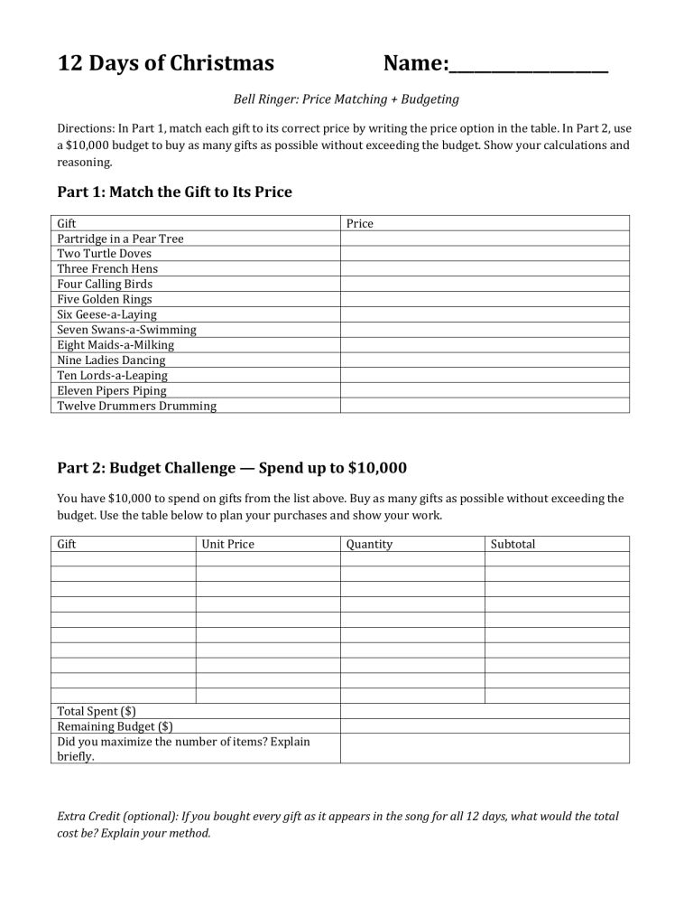 12 Days of Christmas Budgeting Math Worksheet